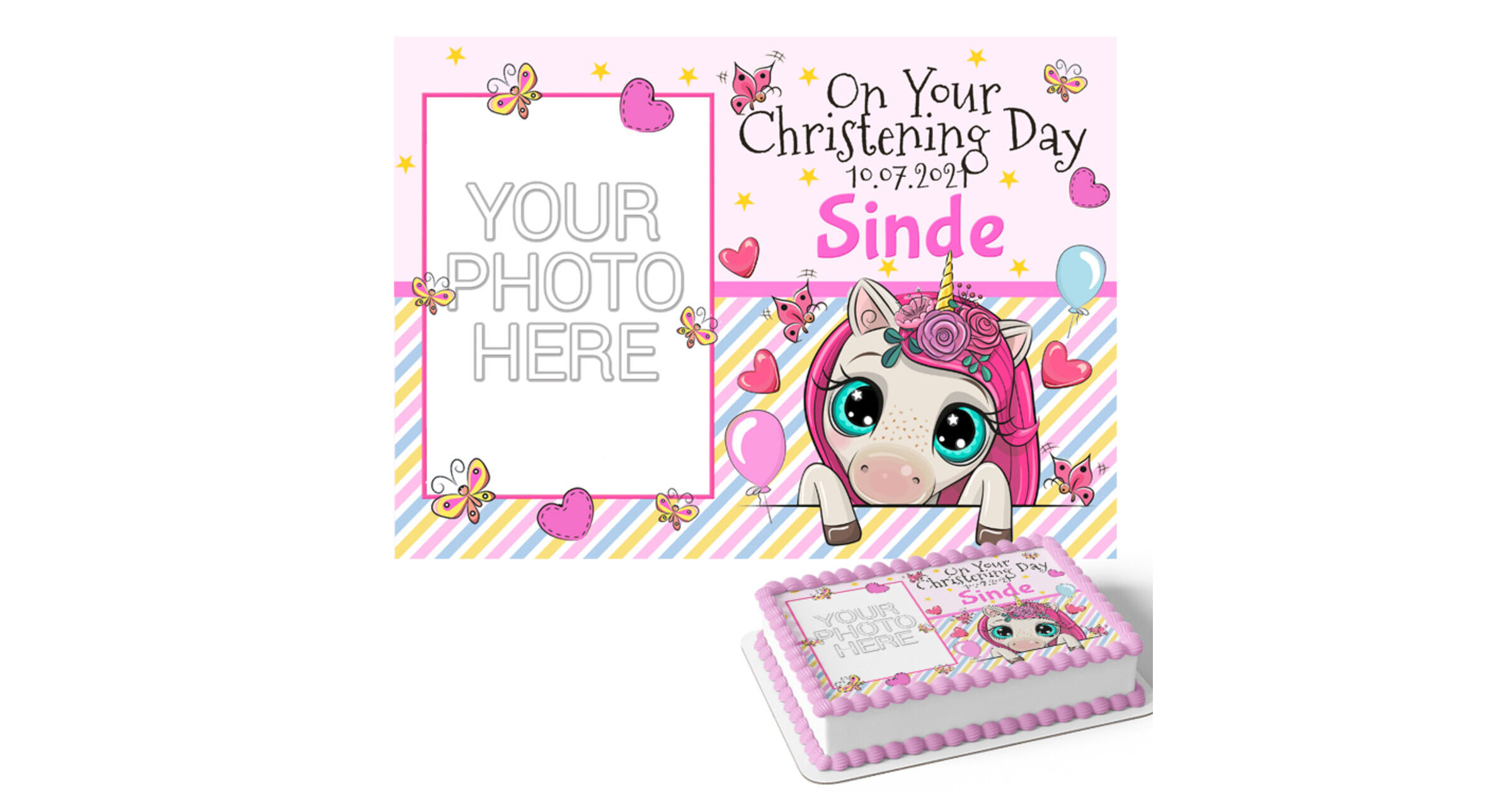 Cute Unicorn Christening (Rectangle Cake Topper)