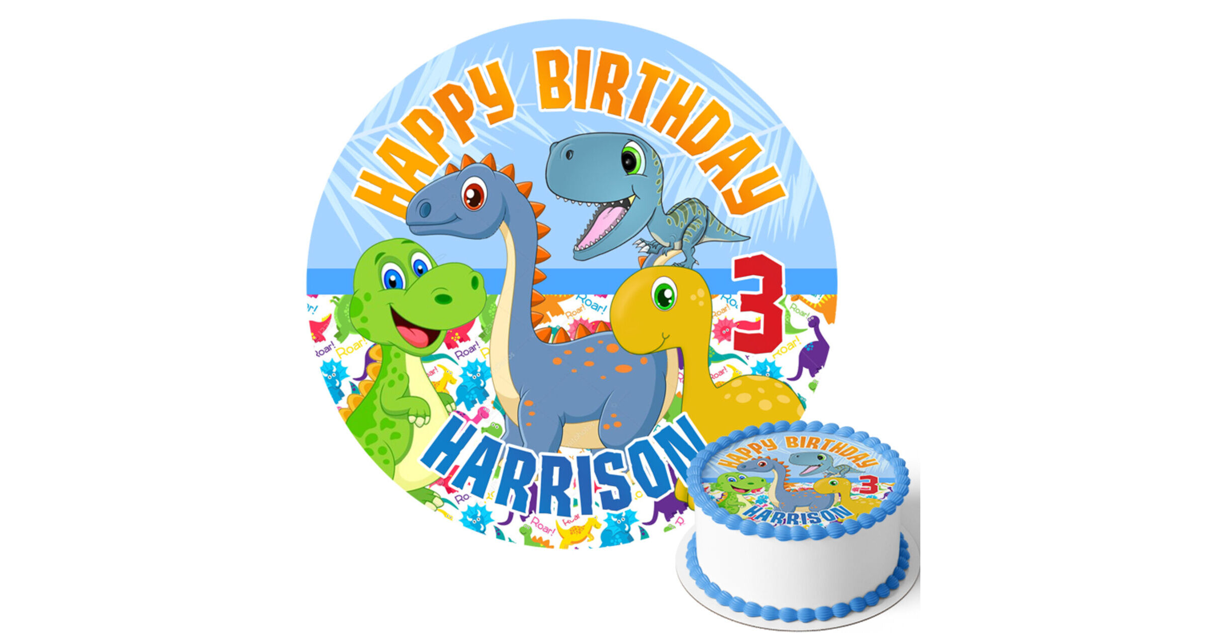 Kids Dinosaur Personalised Round Edible Cake Topper
