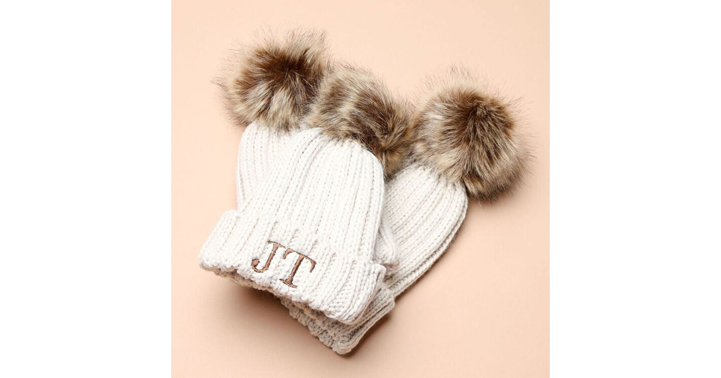 Personalised Embroidered Oatmeal Faux Fur Initial Pom Hat